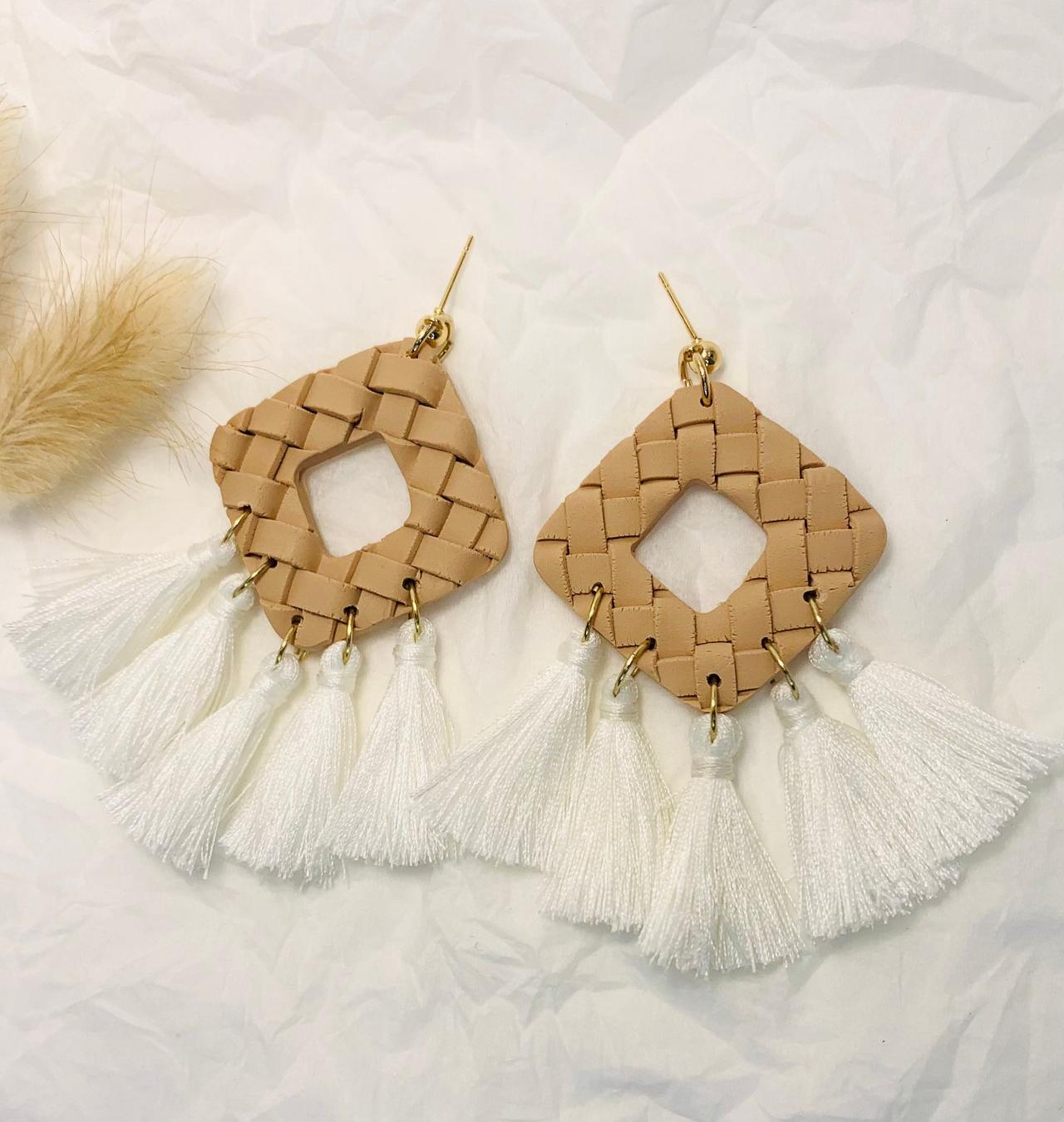 Basket Weave Beige And Forest Green Polymer Clay Statement Earrings on Luulla